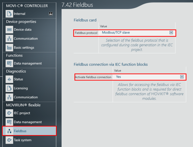 Configuration and startup of Modbus/TCP